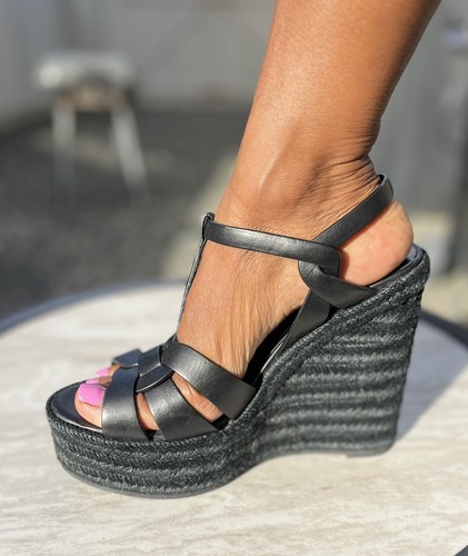 YSL YVES SAINT LAURENT TRIBUTE BLACK RAFFIA WEDGE 39 US 9 Sandals Shoes ...
