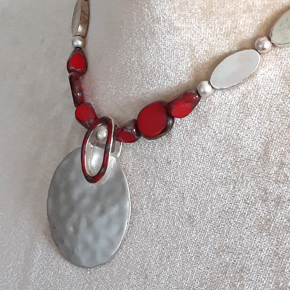 Chico's red silver tone 16" necklace 2" round pendant faux pearl ...