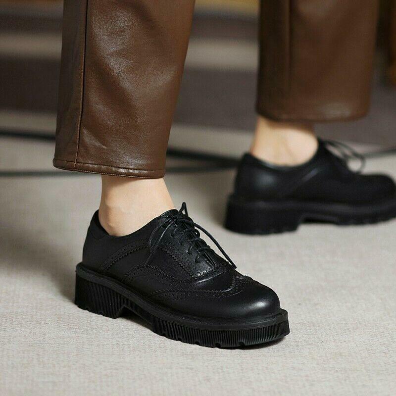Women Block Heel Brogue Lace Up Round Toe Office College Shoes Casual ...