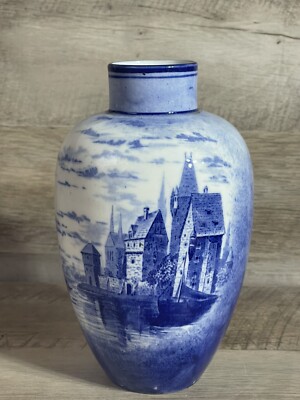 Antique Vintage Delph Vase Ceramic Blue White Houses 7 7/8” High | eBay