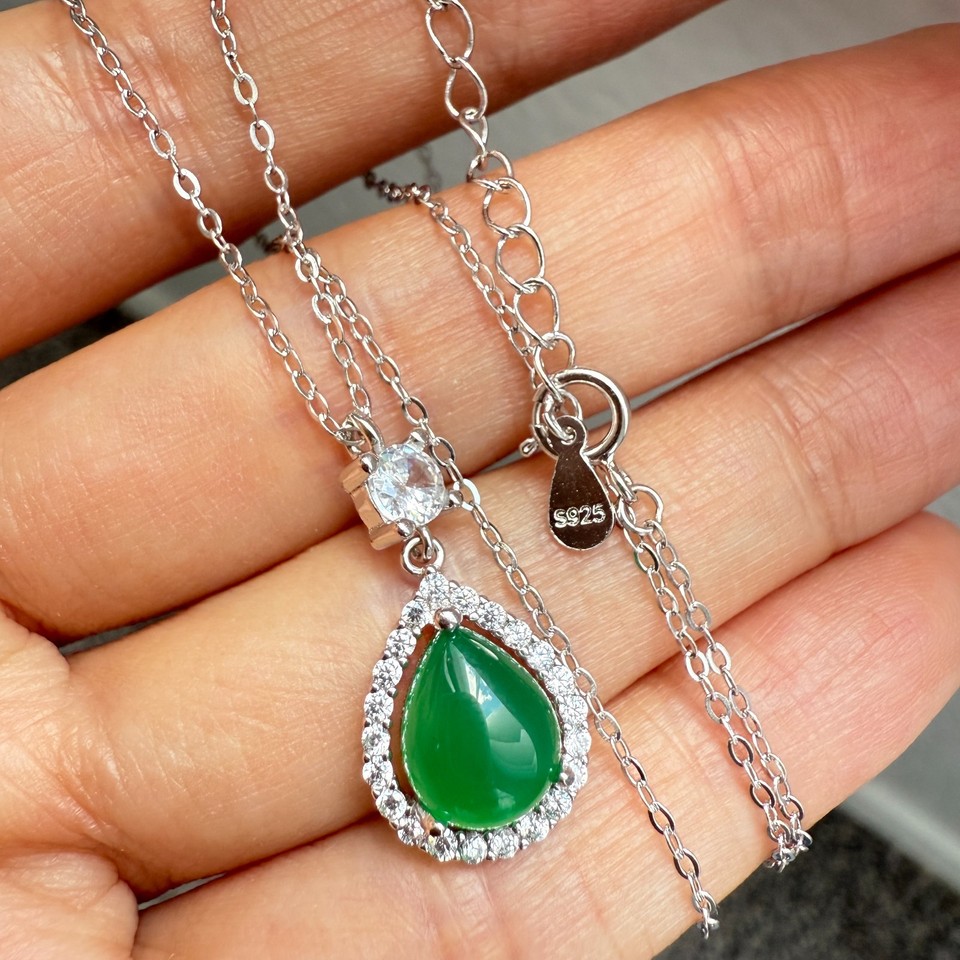 925 Sterling Silver Necklace 10x7mm Emerald Zircon Teardrop Handmade ...