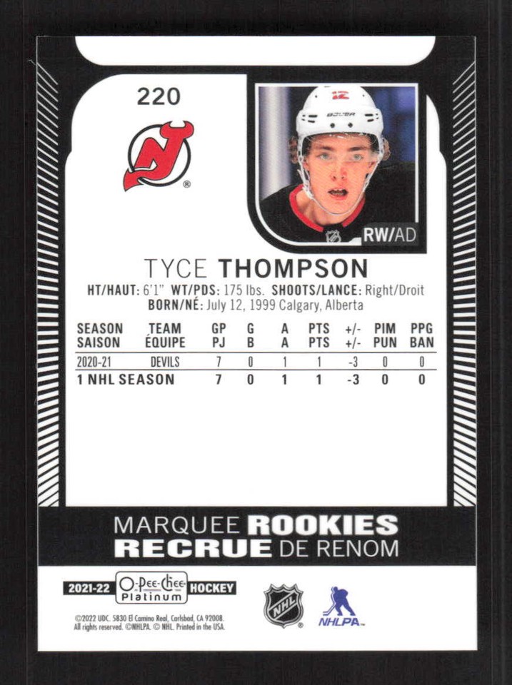 Tyce Thompson RC 2021 O-Pee-Chee Platinum Marquee Rookies Devils #220 ...
