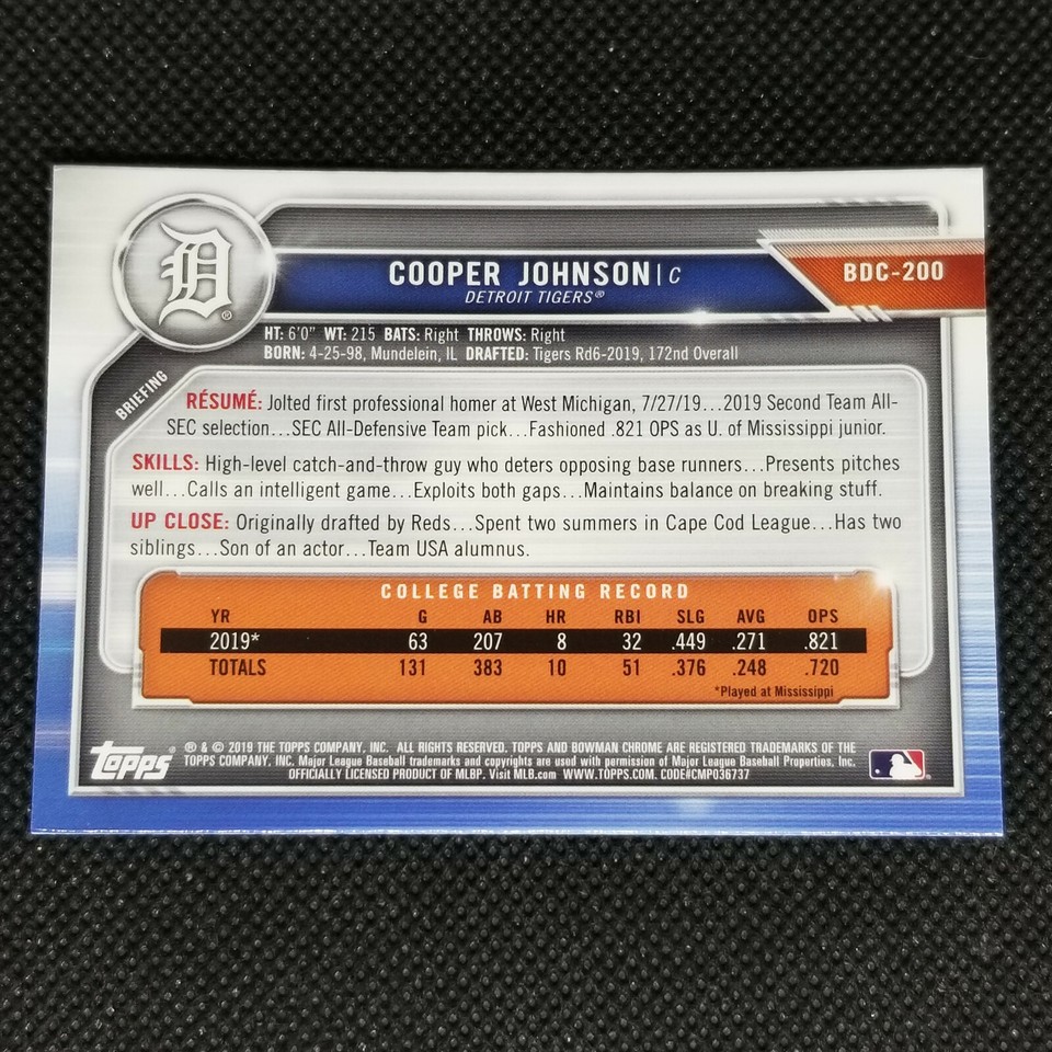 2019 Bowman Draft Cooper Johnson Chrome #BDC-200 Detroit Tigers 1st ...
