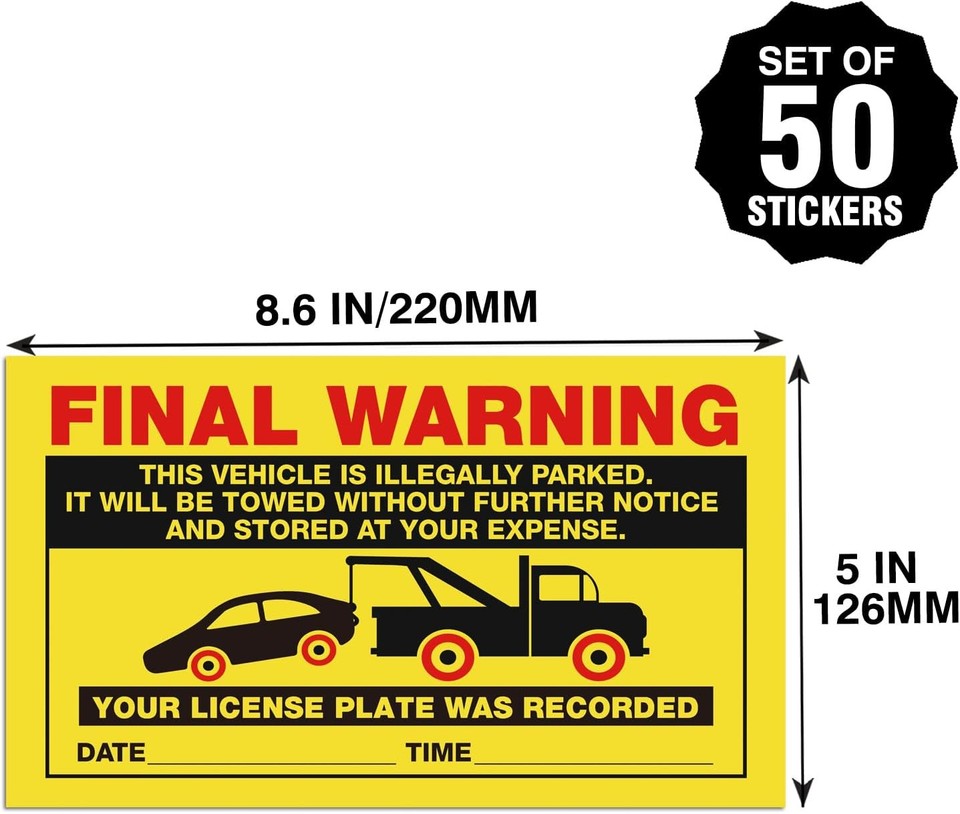 50 Final Warning Stickers, Parking Violation Notice Vehicle is ...