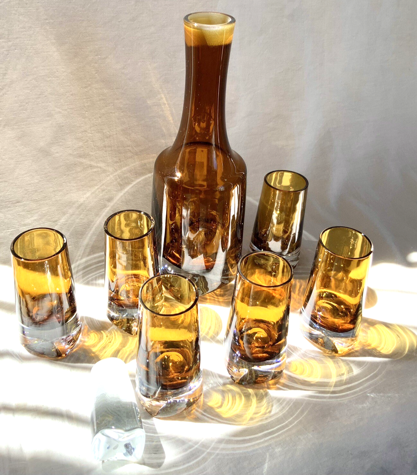 Mid Century Modern Denby Milnor of Sweden Amber Decanter & Six Glasses ...