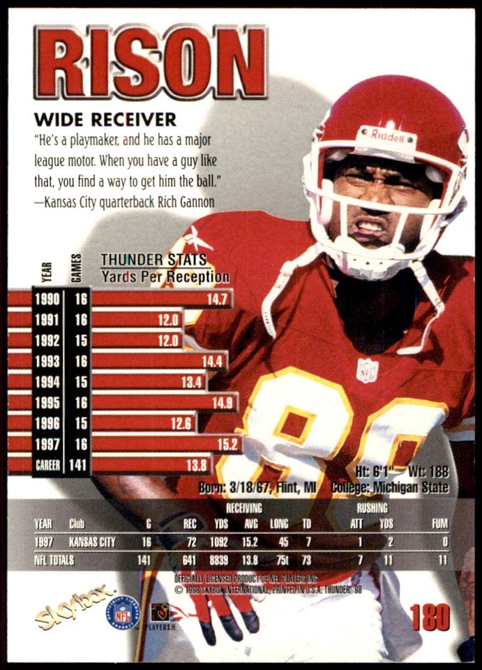 Andre Rison 1998 SkyBox Thunder #180 Chiefs NFL READ FREE SHIPPING ...