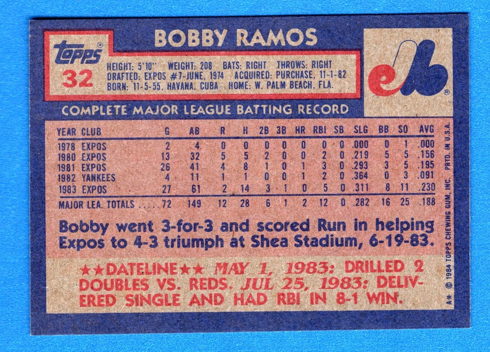 1984 Topps #32 BOBBY RAMOS Montreal Expos | eBay
