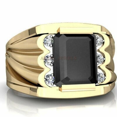 Natural Black Onyx Gemstone With 14K Gold Plated Silver Ring for Men's ...