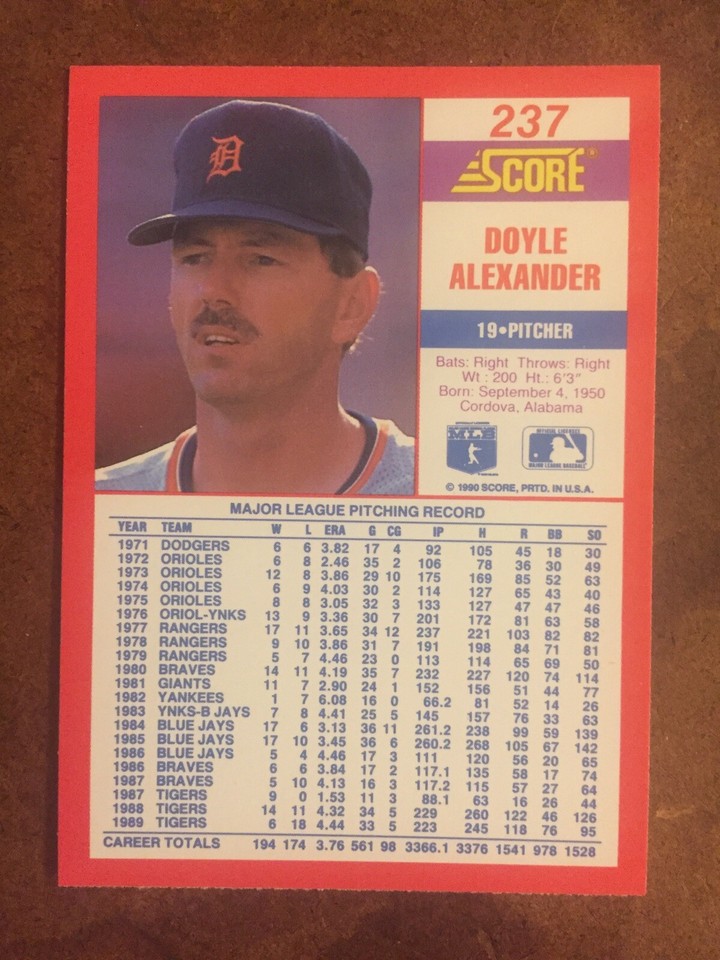 Doyle Alexander 237 Score 1990 MLB Baseball Trading Card | eBay