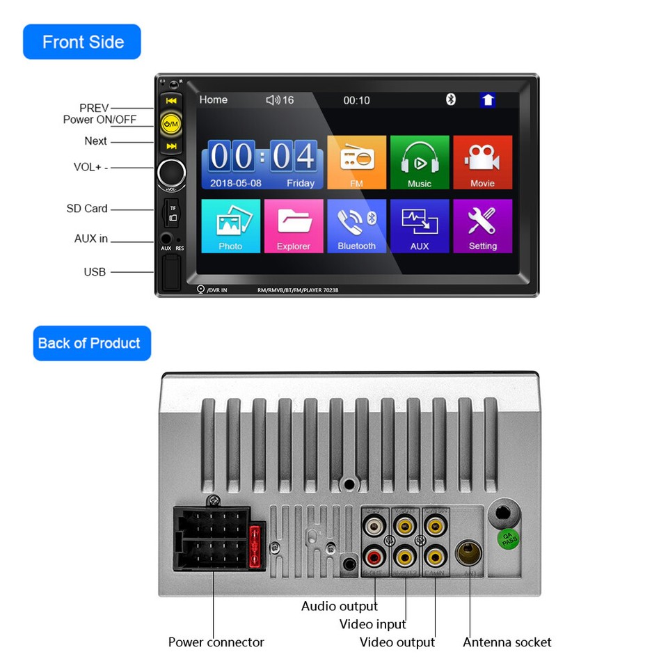 7" Double 2 DIN Car MP5 Player Bluetooth Touch Screen USB SD TF MP5 ...