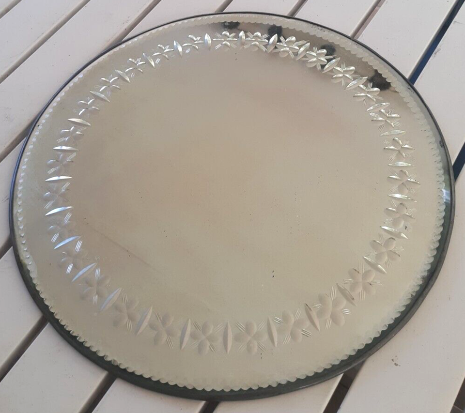 Antique Round Cut Glass Beveled Plateau Mirror Table Top Vanity Jewelry ...