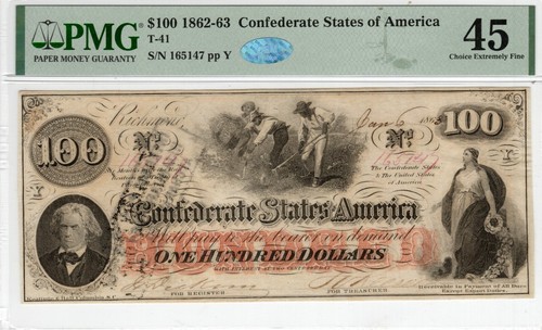 T-41 PF-61 1863 $100 Confederate Paper Money - PMG Choice Extremely ...