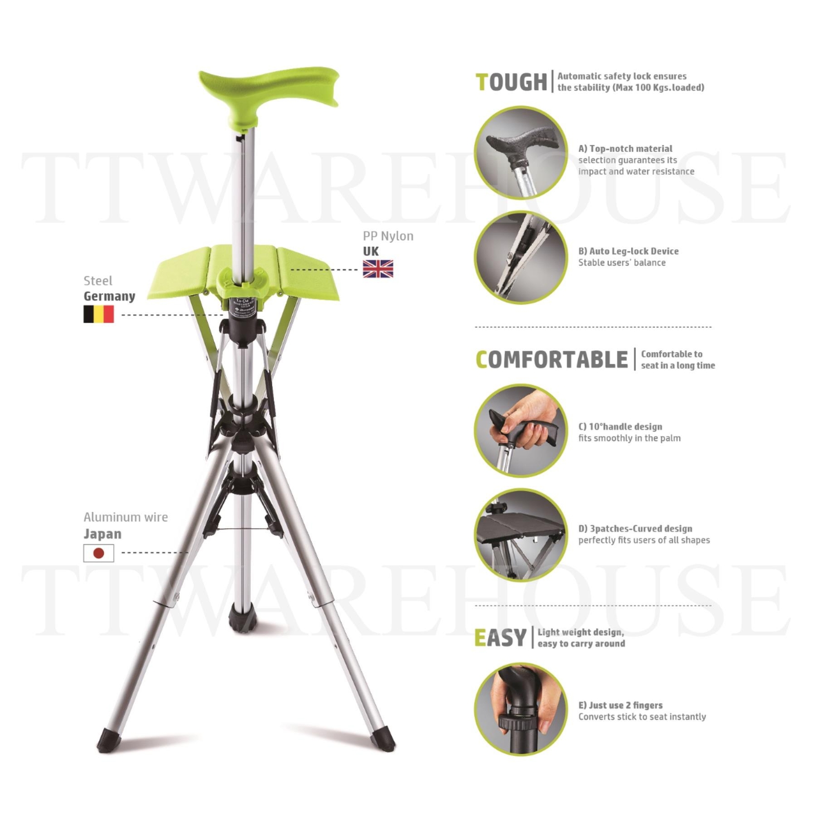 NEW TA-DA Chair Folding Aluminum Seat Cane Walking Stick 2lbs. 82cm BLACK (S) | eBay