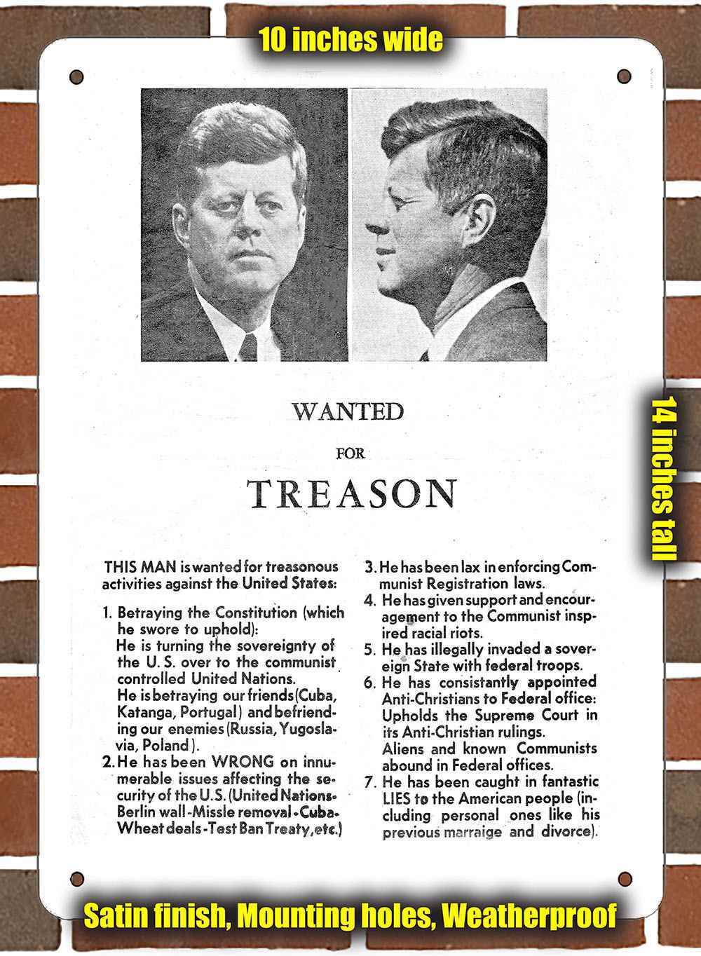 Metal Sign - 1963 John F. Kennedy Wanted for Treason - 10x14 inches | eBay