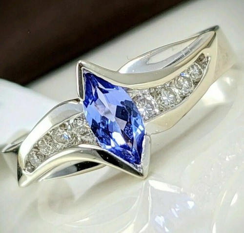 2Ct Marquise Cut Lab-Created Tanzanite Wedding Ring 14K White Gold ...