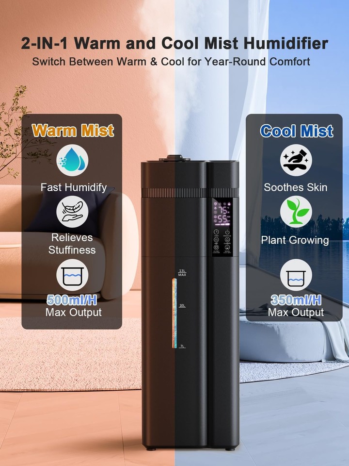 13L/3.4Gal Humidifiers for Bedroom, Ultrasonic Warm & Cool Mist ...