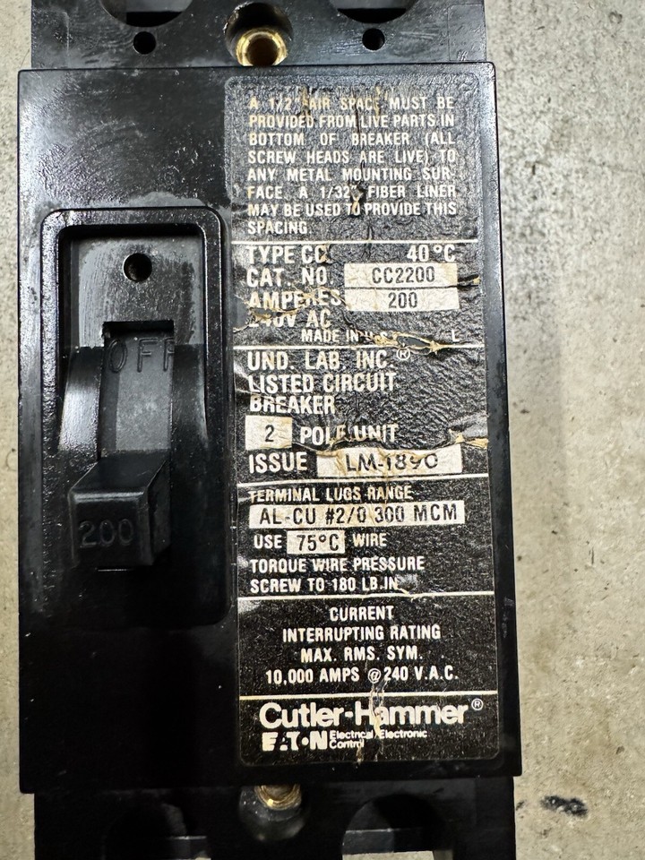 CC2200 200A 240VAC 2 Pole Circuit Breaker - Cutler-Hammer | eBay