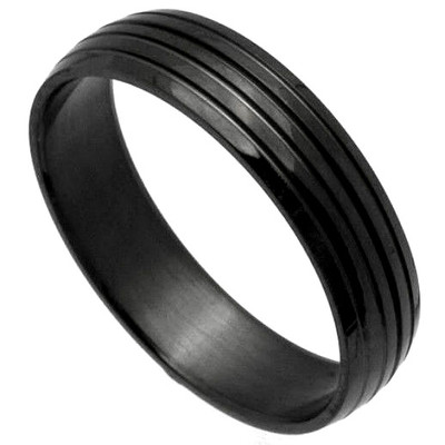 Stainless Steel Polished Black Plated BAND RING with Ribbed Accents ...