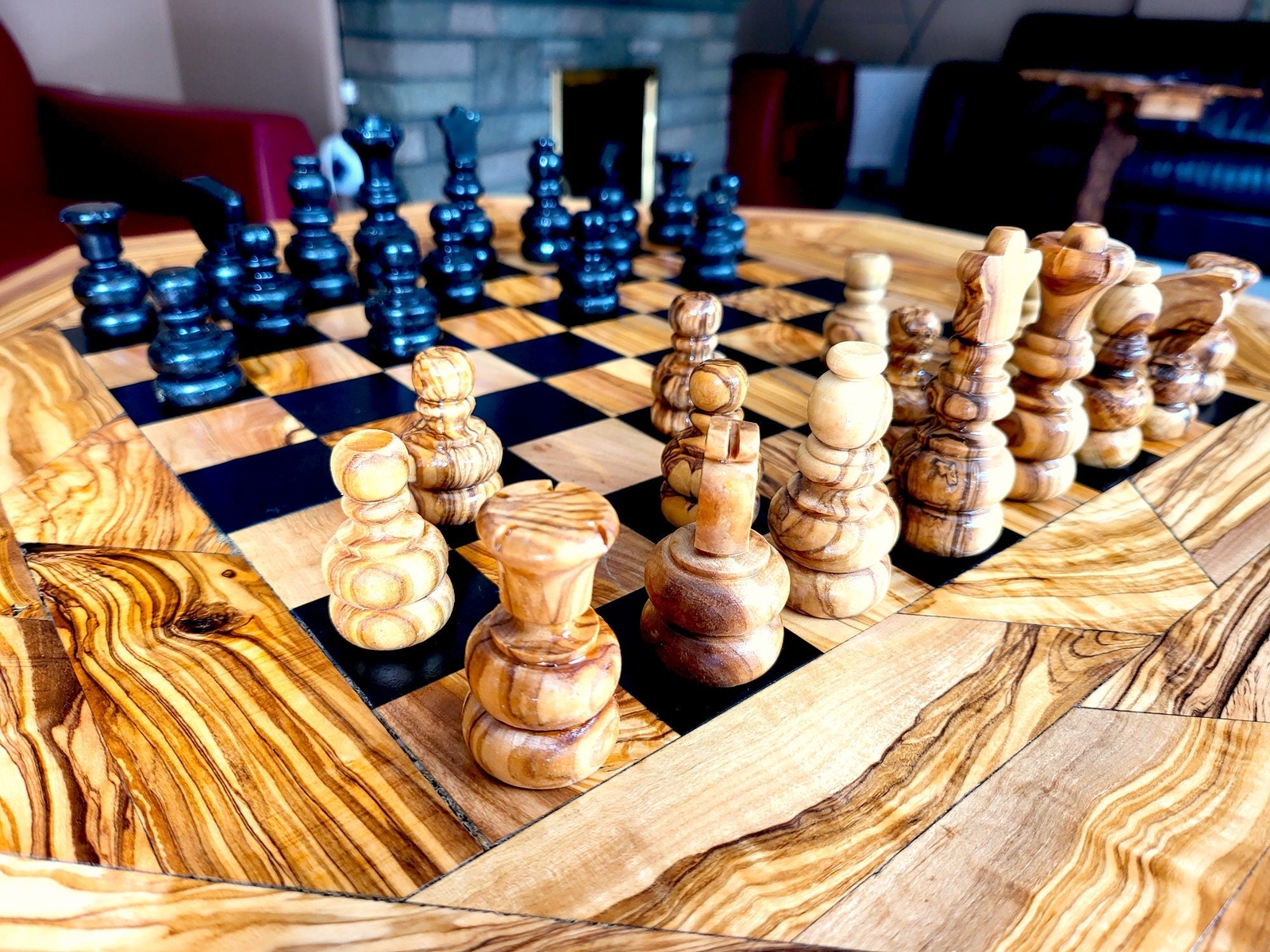 Olive Wood Chess Set 3 Legged Wooden Display Table With Built-In Chess ...