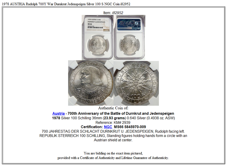 1978 AUSTRIA Rudolph 700Y War Durnkrut Jedenspeigen Silver 100 S NGC ...