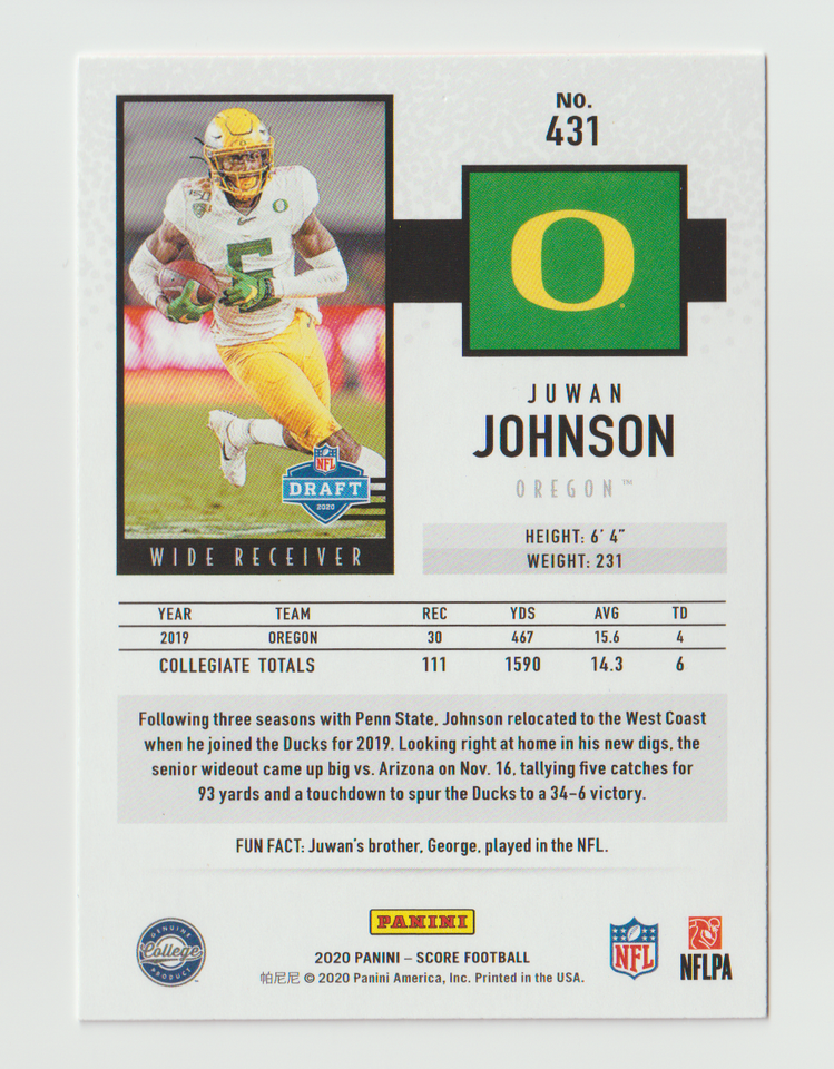 2020 Score Football Red #431 Juwan Johnson RC - Oregon Ducks | eBay