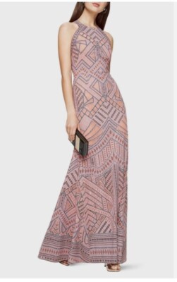 NWT 395 BCBG MAXAZRIA DRESS LONG GOWN BURN OUT MESH 2 4 XS S ANTIQUE ...