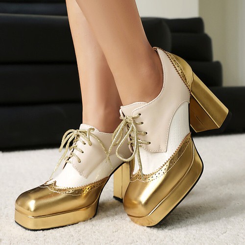34-48 Plus sz Women Platform Lace Up Wing Tip Carve Brogue High Block ...