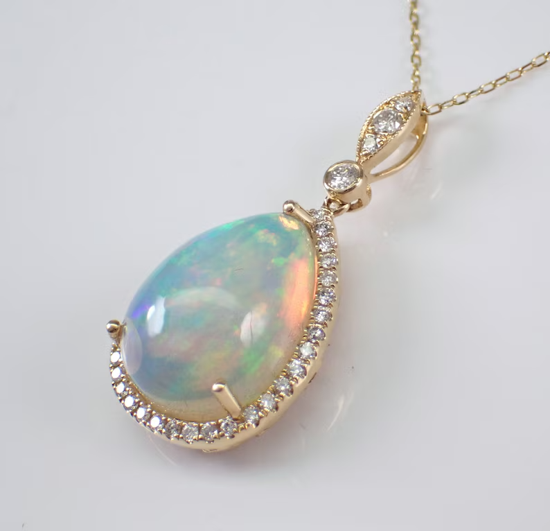 3Ct Pear Cut Lab-Created Fire Opal Teardrop Pendant 14K Yellow Gold ...