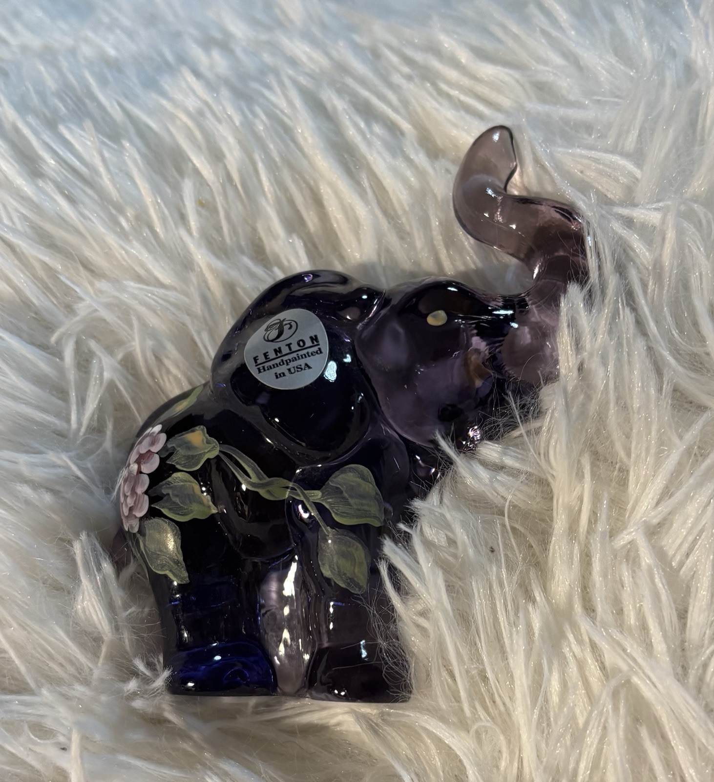 EUC Fenton Art Glass Lucky The Little Purple ELEPHANT Hand Painted By L ...