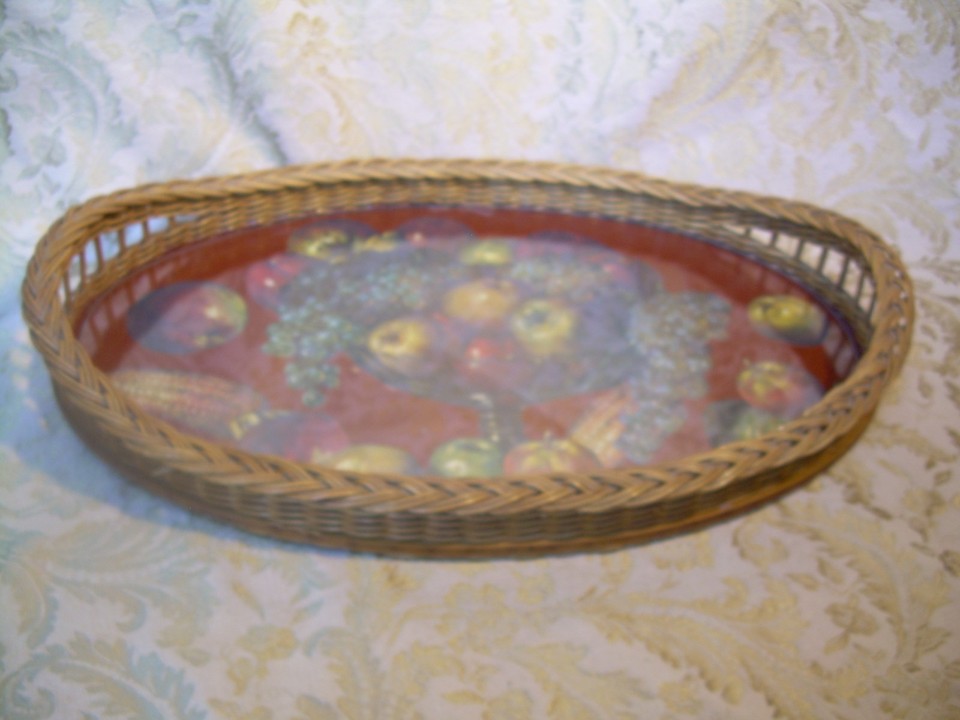 VTG OVAL WICKER TRAY~CUSTOM DECOUPAGED FRUIT COMPOTE CENTER~UNDER GLASS ...