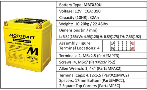 Motobatt 12V 290CCA 32AH MBTX30U HD 1584 FLHR ROAD KING 2007-2012 AGM ...