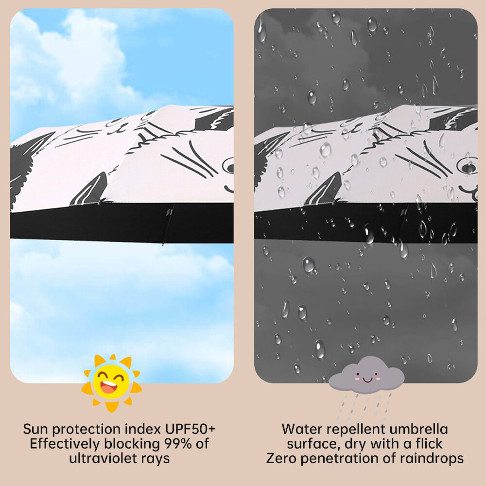 Women Folding Cute Cat Umbrella 50+Anti-UV Sun Rain Protection Parasol ...