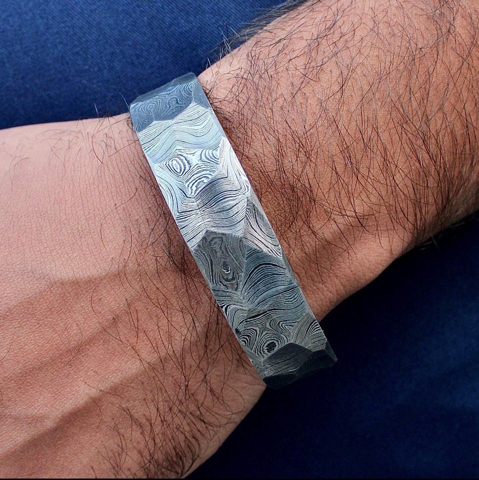 Damascus Hammered Bangle Hand Forged Steel Cuff Bracelet Viking Modern ...