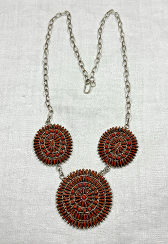 Zuni Coral Petit Point Medallion Necklace Sterling Silver 71.2 grams 3 ...