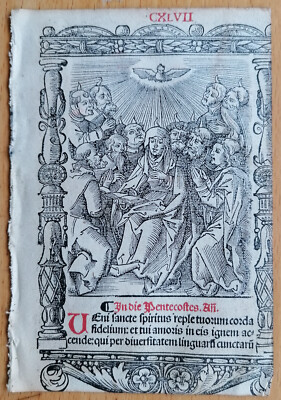 Pentecost Original Large Woodcut Post Incunable Leaf Hortulus Animae ...