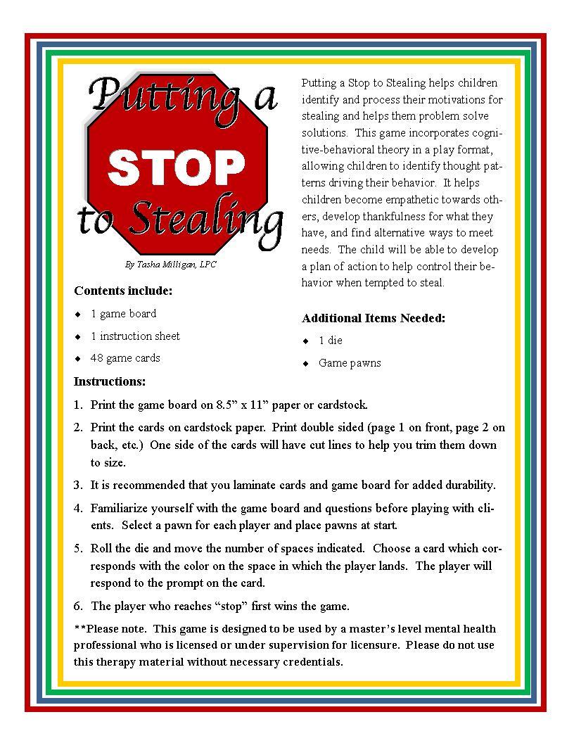 Putting a Stop to Stealing CBT Counseling Game, Play Therapy | eBay