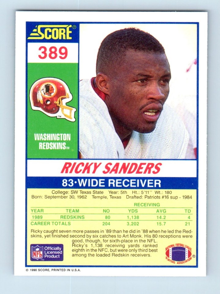 1990 Score Ricky Sanders Washington Redskins #389 | eBay