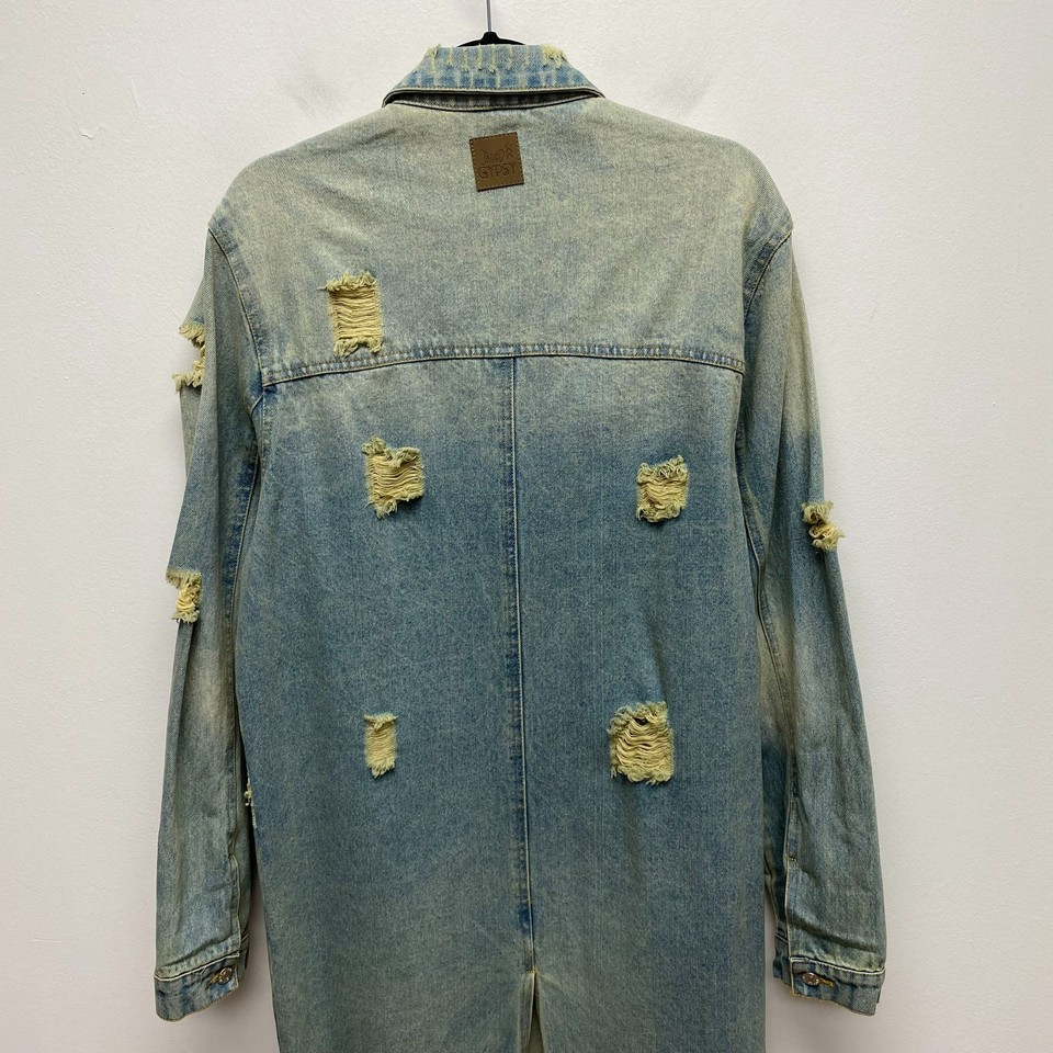 Jaded Gypsy Womens Blue Distressed Back Slit Button Front Long Denim ...