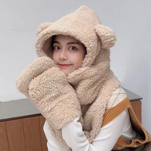 Warm Winter Hat Solid Color Bear Ear Shape Women's Plush with Cute 3-in ...