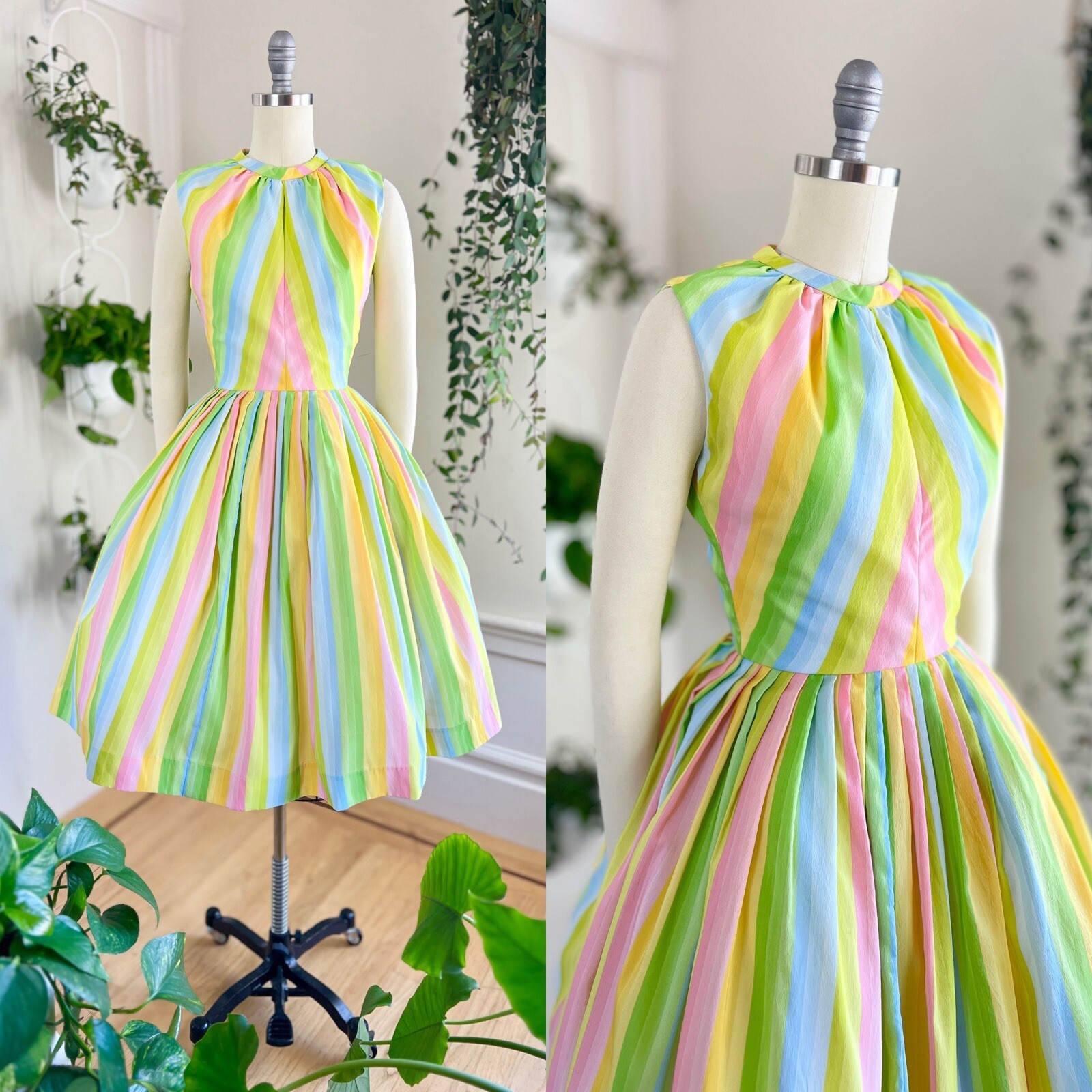 Vintage 1950s 1960s Pastel Striped Fit And Flare Full… - Gem