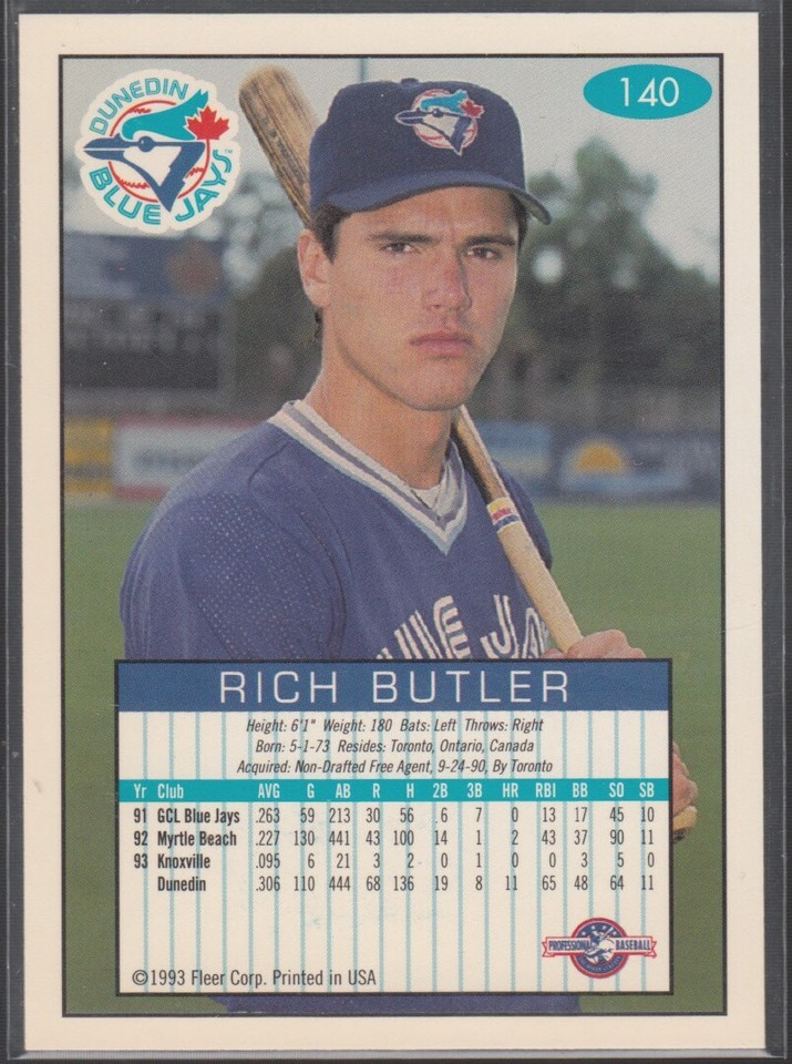 RICH BUTLER 1993-94 Fleer Excel #140 Blue Jays Auto TTM/IP Signed ...