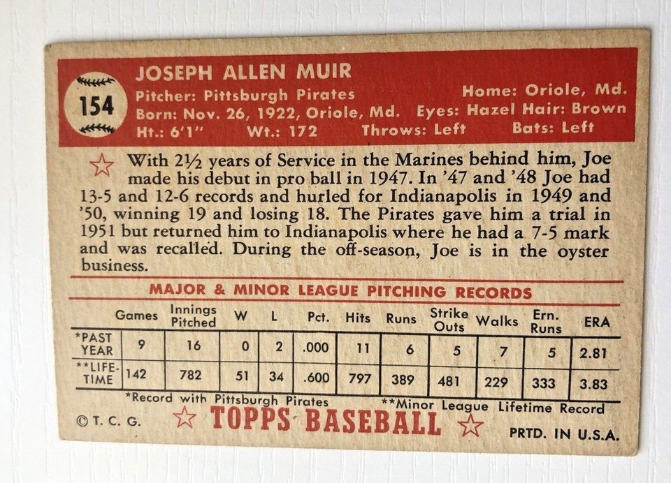1952 Topps Baseball #154 Joe Muir Cream Colored Back SP Pirates Rookie ...