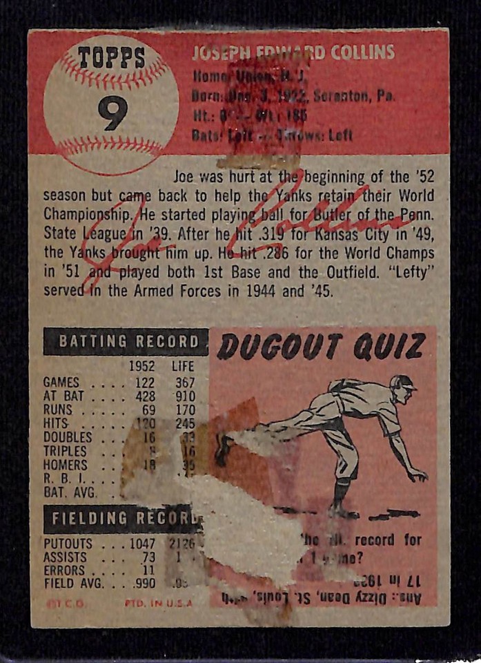 1953 Topps #9 Joe Collins - Yankees - VG - (Tape) Low Grade | eBay