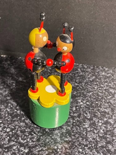 Wood DANCING LADYBUGS Collapsing Push up Toy vintage old school ...