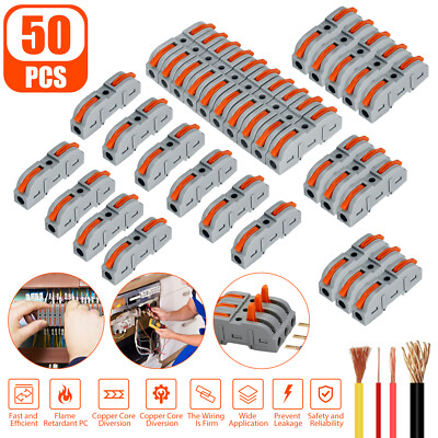 50x Reusable Spring Lever Terminal Block Electric 28-12AWG Wire Cable ...