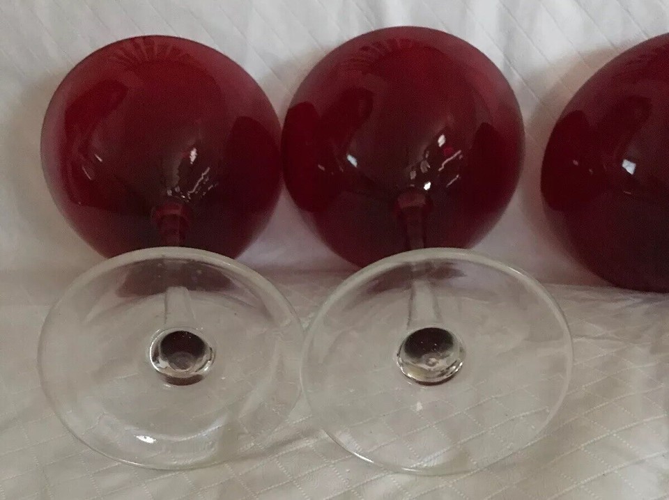 RED Cup WATER GOBLETS Clear Stem Ruby Wine Glass Set Of 4 Tall Fine ...