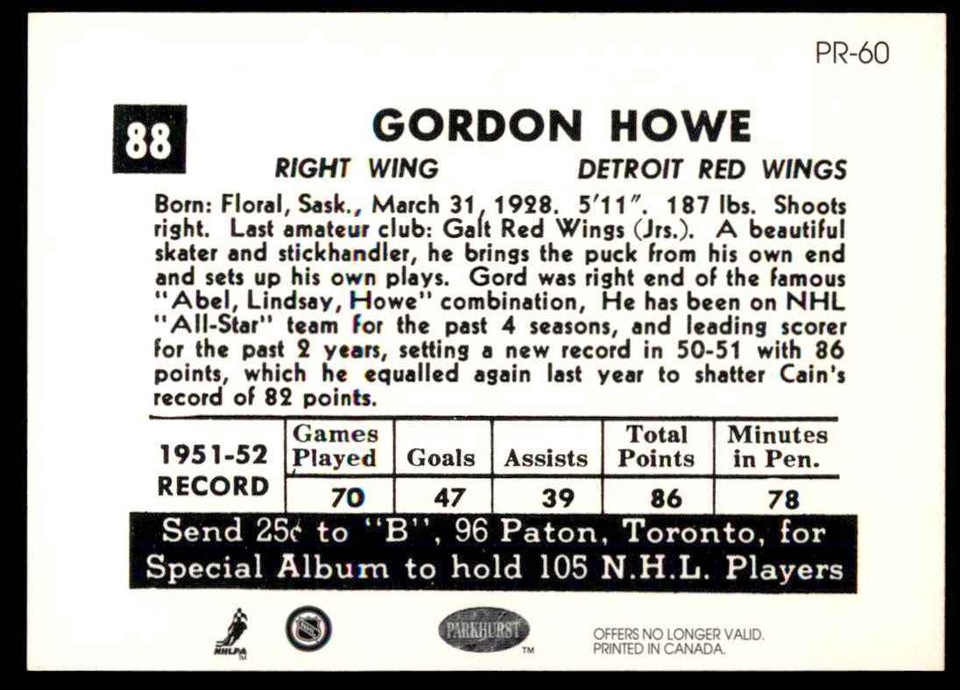 1993-94 PARKHURST PARKIE REPRINTS '52-53 GORDIE HOWE DETROIT RED WINGS ...