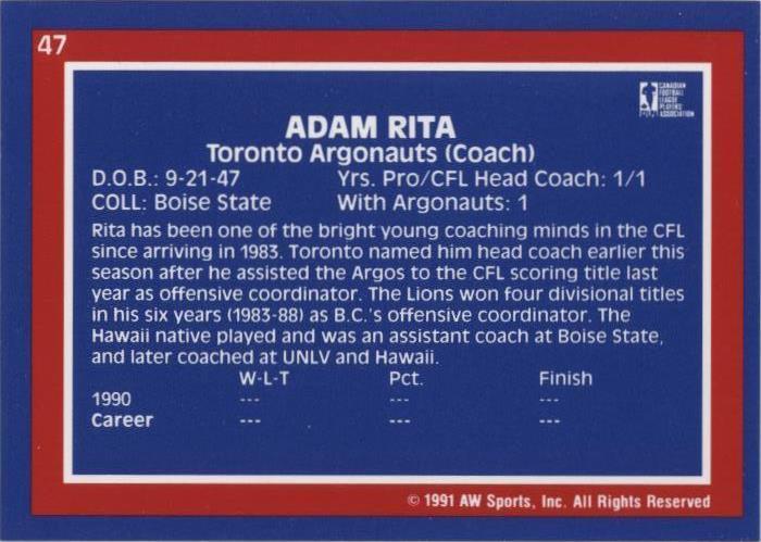 1991 All World CFL Adam Rita #47 for sale | eBay