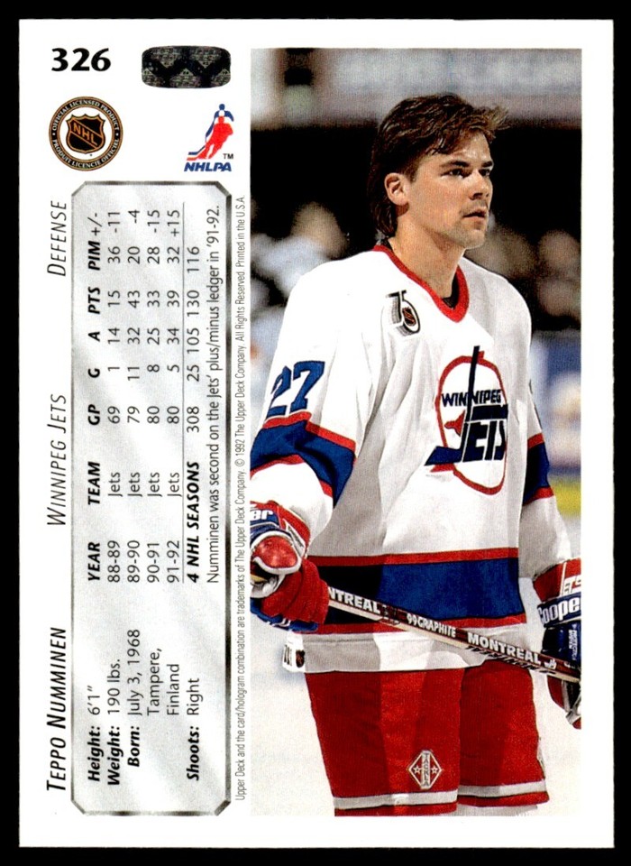 1992-93 Upper Deck #326 Teppo Numminen Winnipeg Jets | eBay