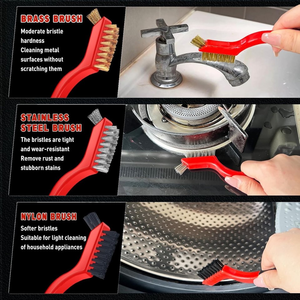Wire Brush Set 3Pcs, Nylon/Brass/Stainless Steel Bristles with Curved ...